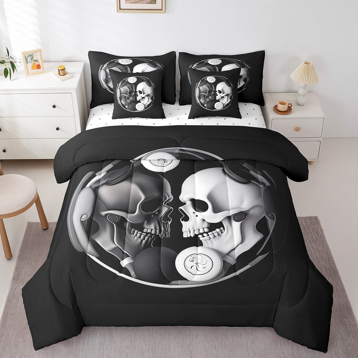 Gothic Comforter Set Twin Size 7 Piece,Couple Skull Bedding Set With ...
