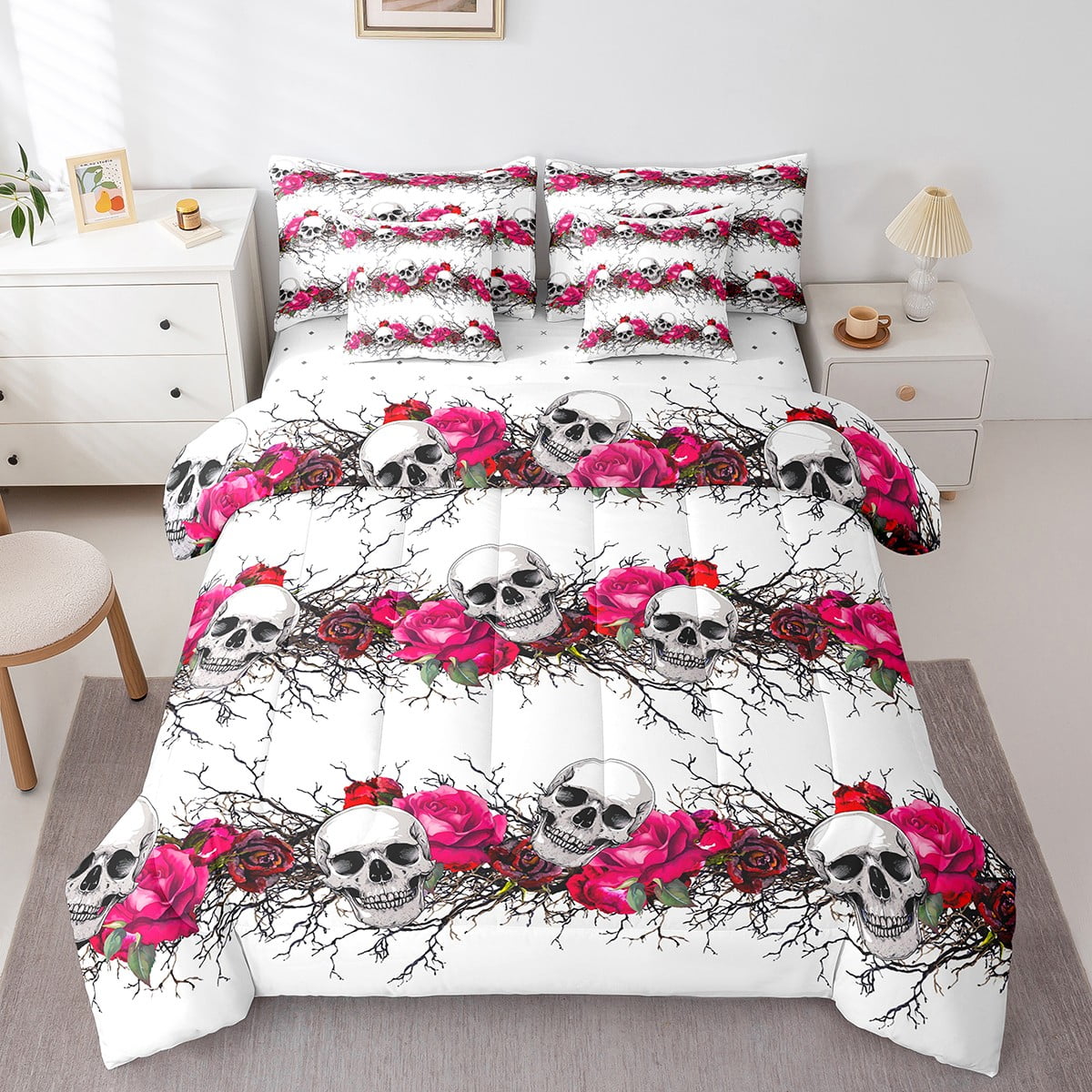 YST Gothic Comforter Set Twin Size 7 Piece,Rose Skull Bedding Set With ...