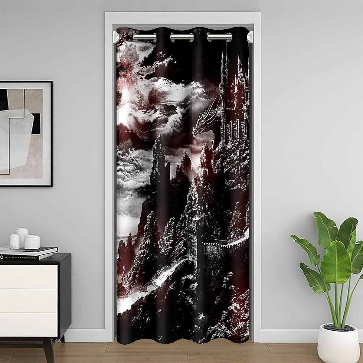 Gothic Door Curtains Dragon Doorway Curtain Fantasy Castle Dark Sky ...