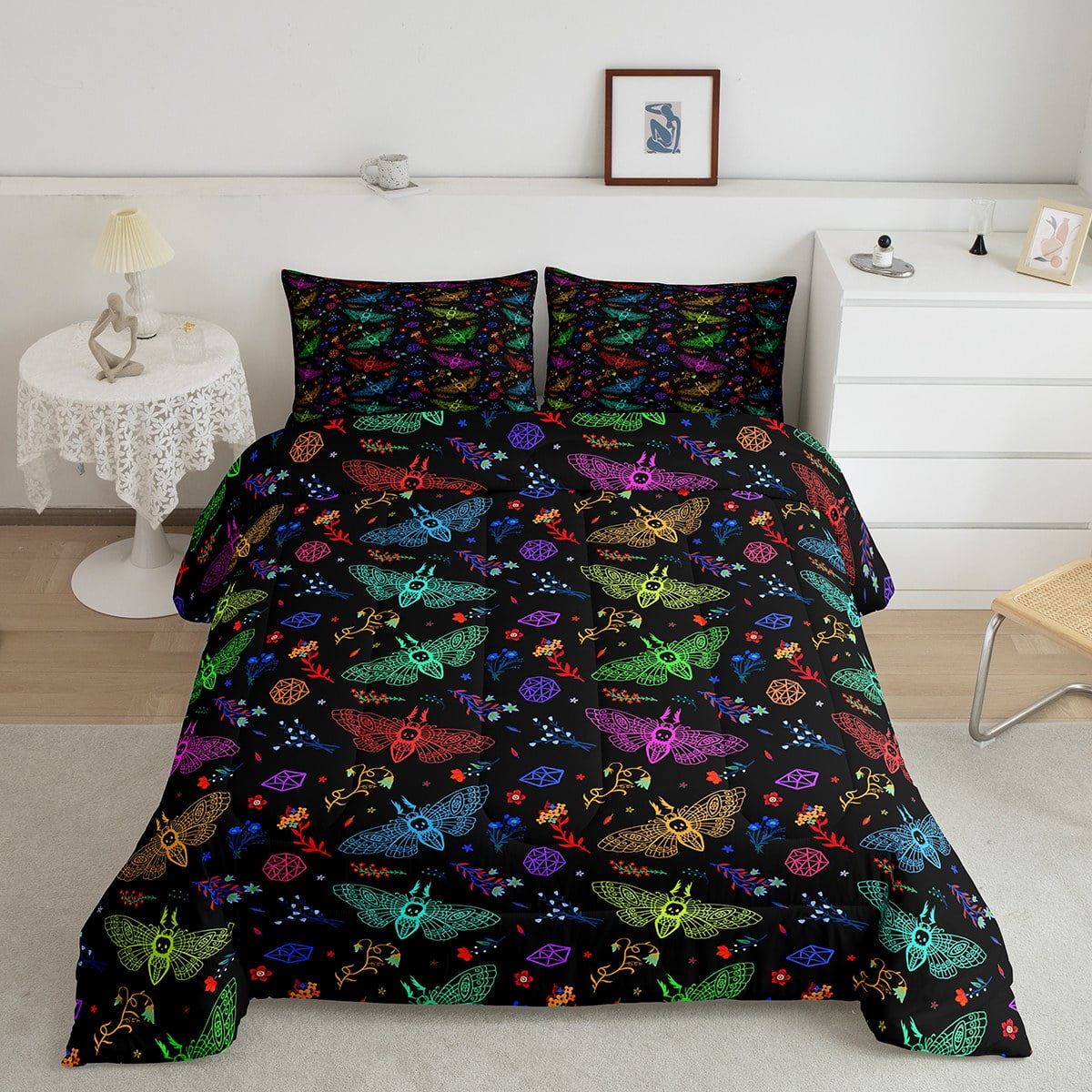 YST Gothic Moth Comforter Full Botanical Plants Bedding Set, Rainbow ...