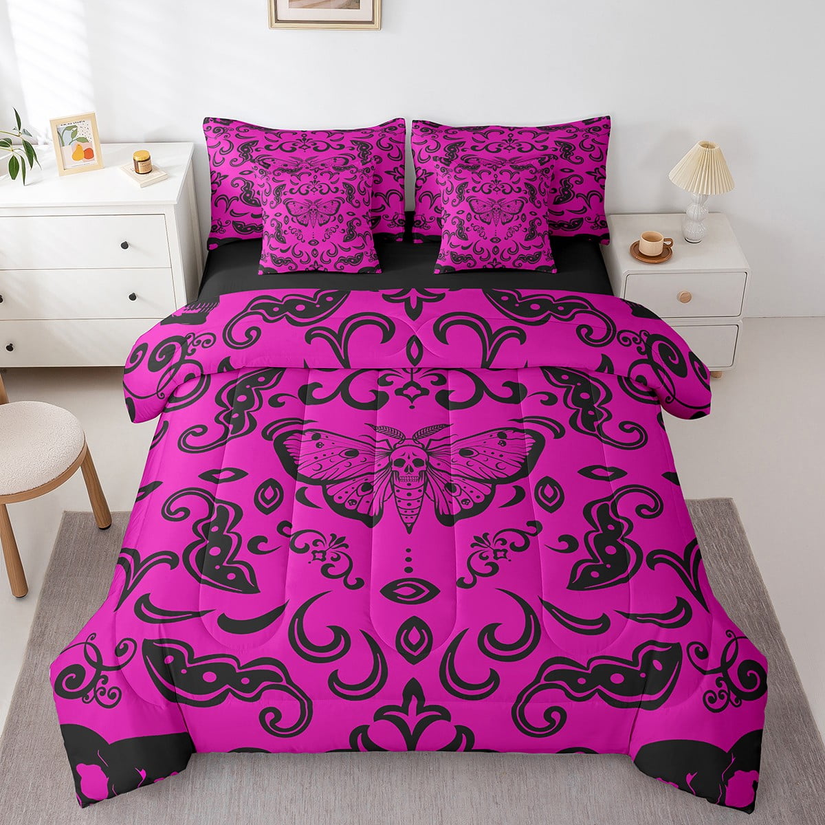 Erosebridal Gothic Moth Comforter Set 7 Piece King Hot Pink Black ...