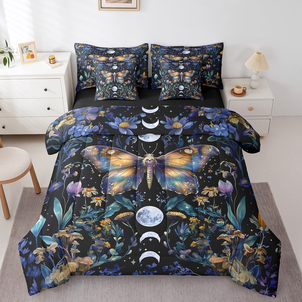 Gothic Moth Comforter Set - 7 Pieces Bohemian Trippy Sun Moon Bedding ...
