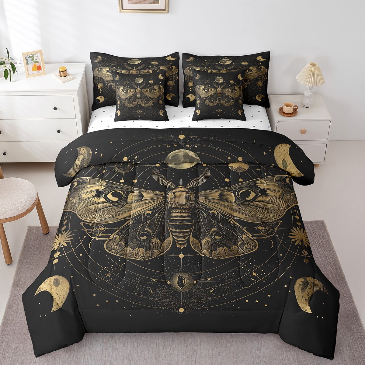 YST Gothic Moth Comforter Set King, 7 Pieces Bohemian Sun Moon Bed In A ...
