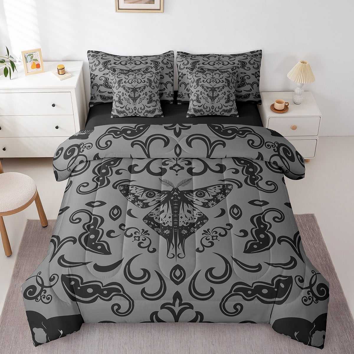 YST Gothic Moth Comforter Set With Sheets Full Black Grey Halloween ...