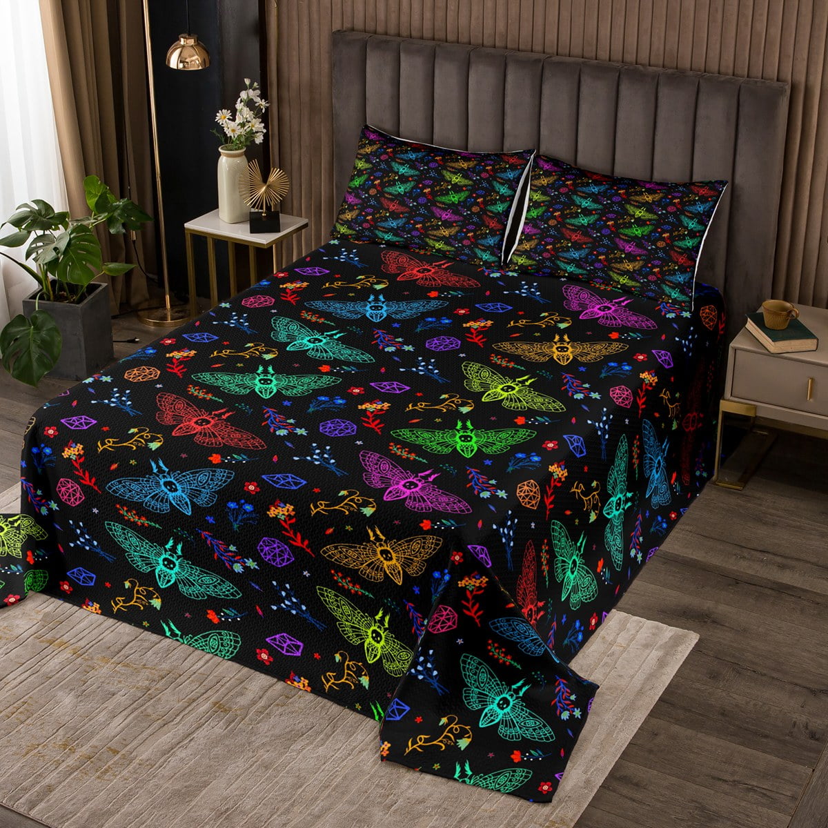 YST Gothic Moth Coverlet King Size Botanical Plants Bedding Set ...