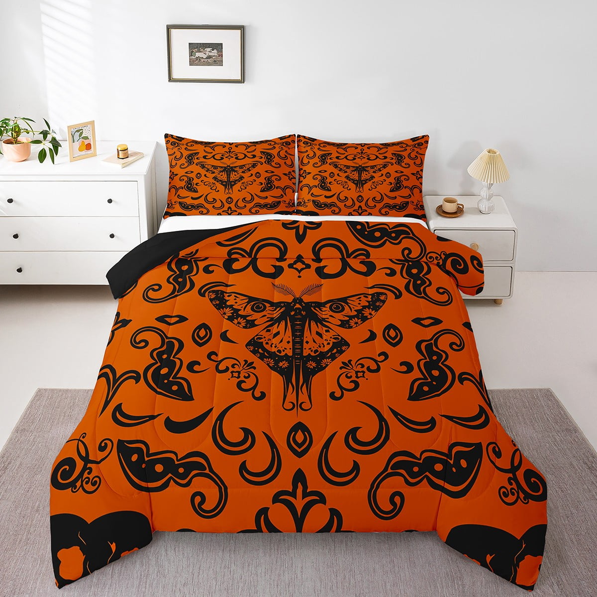 Gothic Moth Full Comforter Set Orange Black Halloween Goth Bedding Set ...