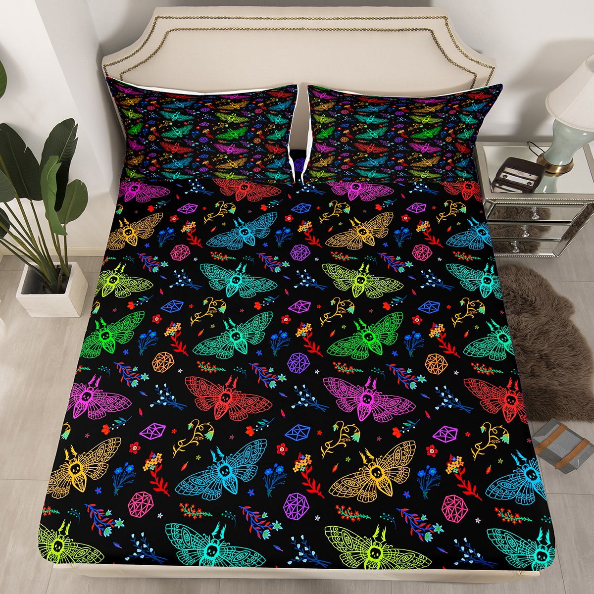 Gothic Moth Full Fitted Sheet Botanical Plants Sheets, Rainbow Neon ...