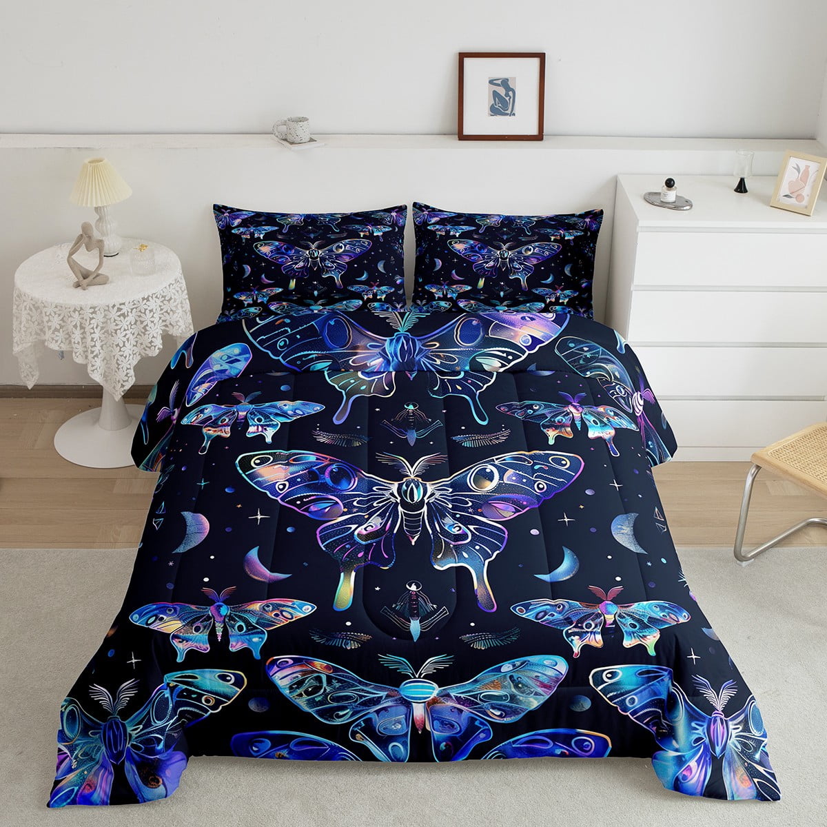 Gothic Moth Quilt Full Size, Bohemian Sun Moon Comforter Set Teens ...
