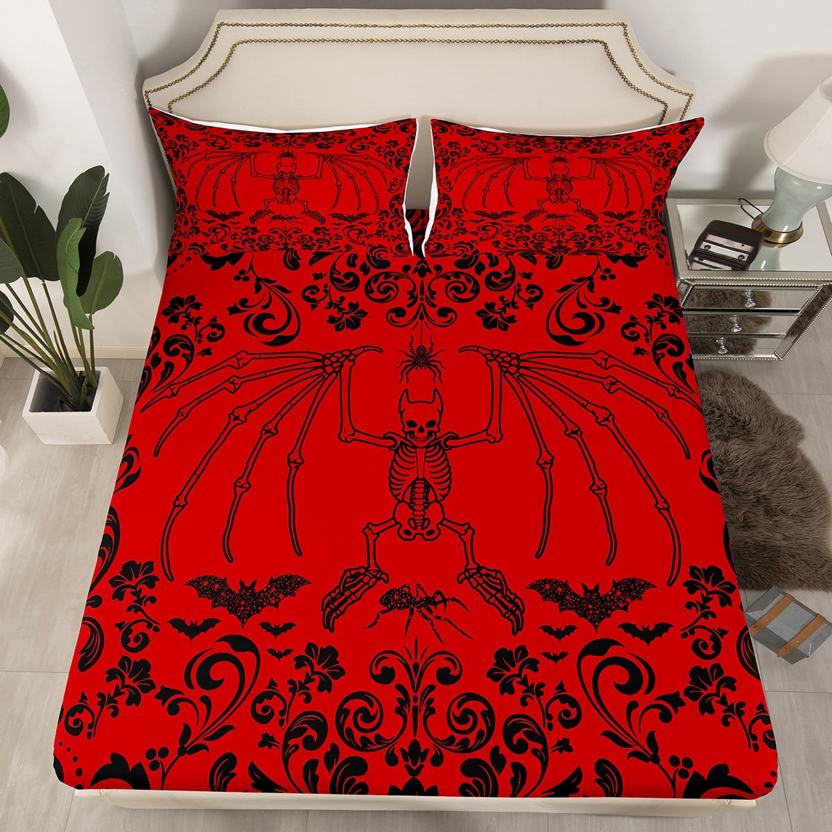 Gothic Moth Skull Bed Sheets Queen Halloween Bats Spider Bedding Set ...
