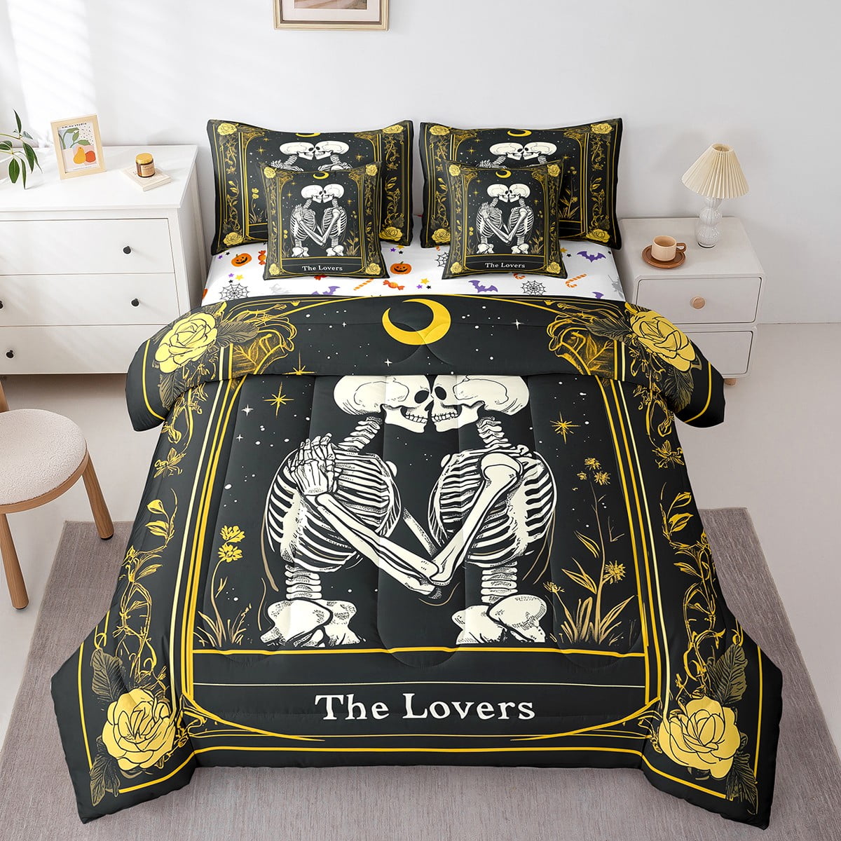 Gothic Skeleton Couple Twin Bed Set with Sheets,Goth Skull Skeleton ...
