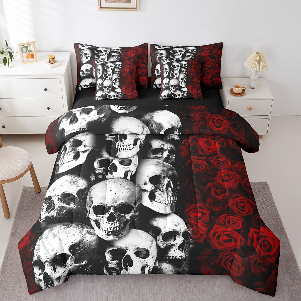 Gothic Skull Bed In A Bag King Retro Rose Flower Comforter Set 7 Piece ...