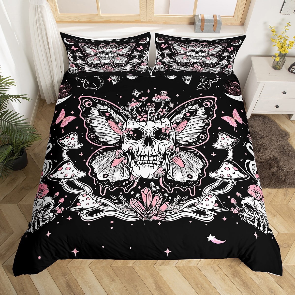 Gothic Skull Bed Set for King Bed Hippie Butterfly Duvet Cover for ...