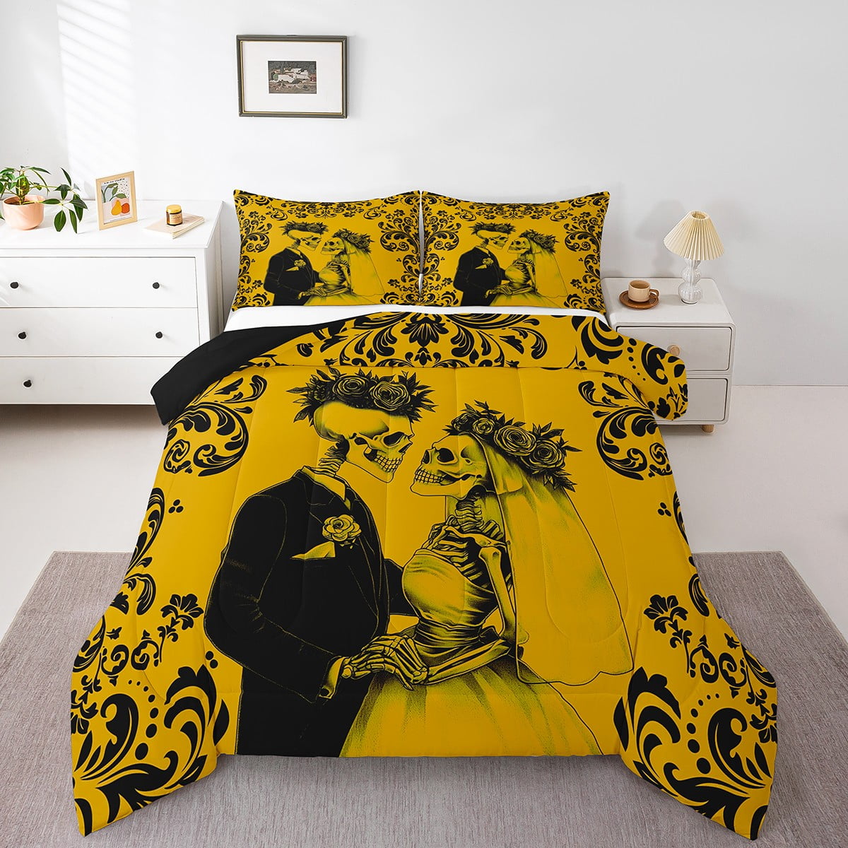 YST Gothic Skull Bedding Comforter Sets Full Yellow Black Couple Rose ...