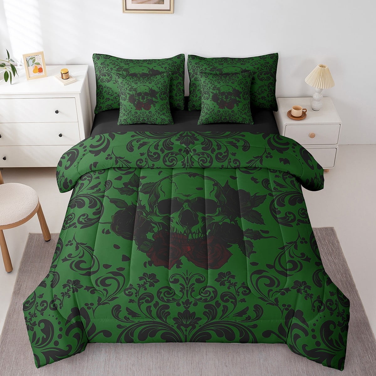 Gothic Skull Bedding Set 7 Piece Queen Green Black Damask Floral Roses ...
