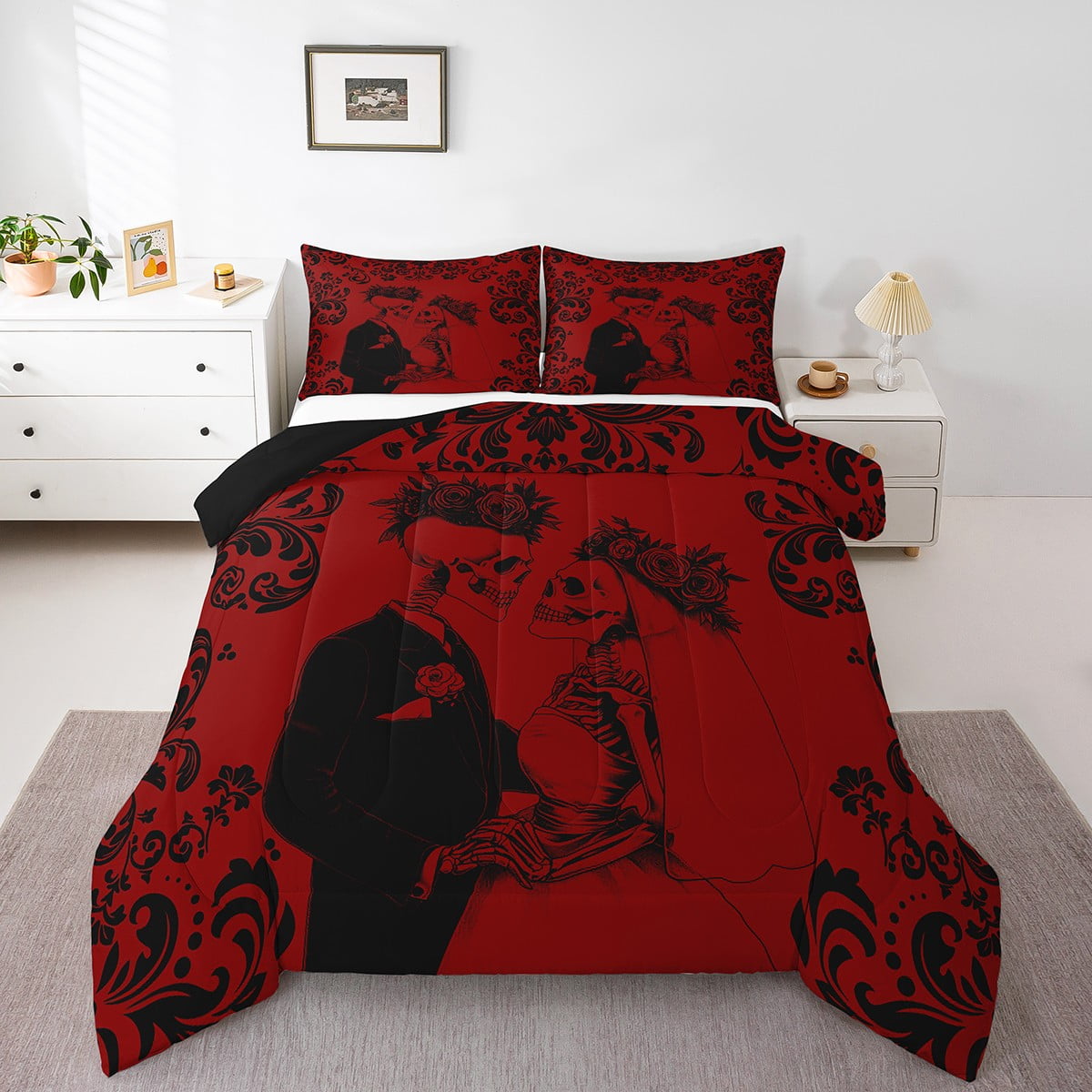 YST Gothic Skull Bedding Set King Red Black Couple Rose Skull Comforter ...
