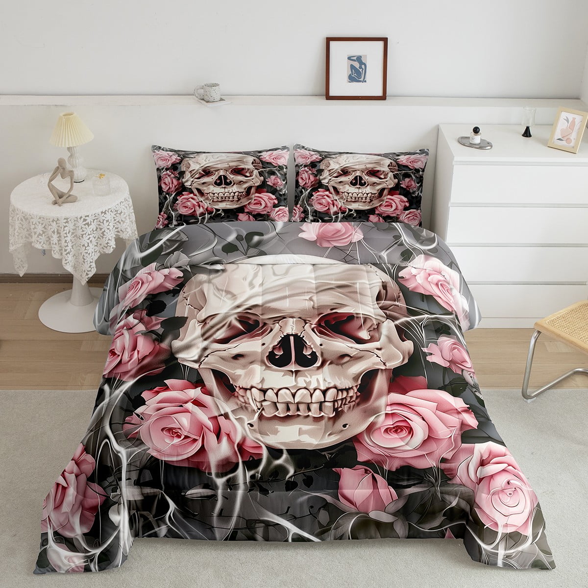 Gothic Skull Bedding Set Twin Size,Pink Grey Rose Flower Bedding ...