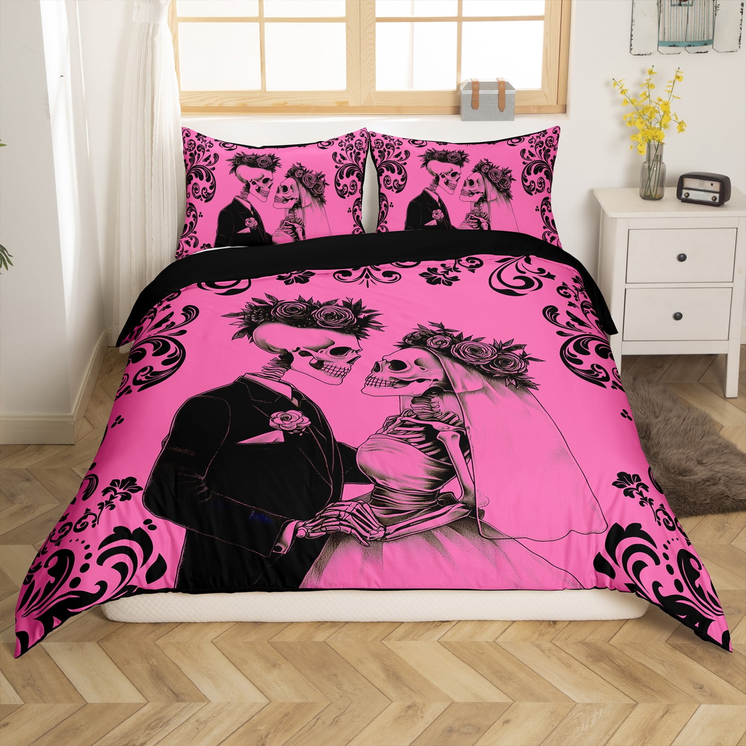 Erosebridal Gothic Skull Comforter Cover Pink Black Goth Bedding Set ...