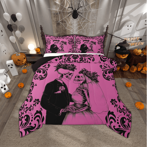 Gothic Skull Comforter Set Pink Black Goth Bedding Set Twin Women ...
