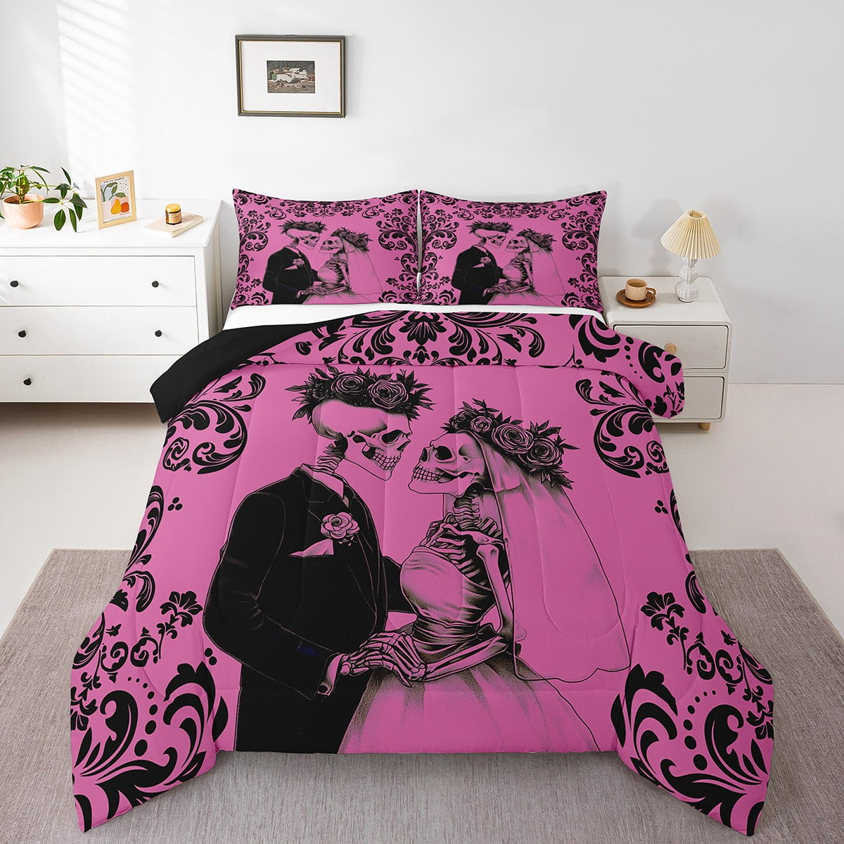YST Gothic Skull Comforter Set Pink Black Goth Bedding Set Twin For ...