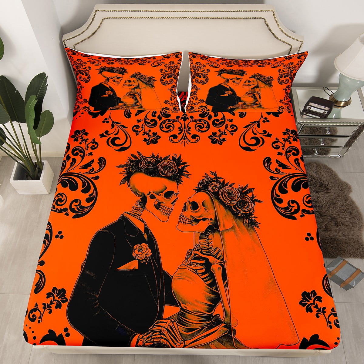 YST Gothic Skull Fitted Sheet Twin Orange Black Couple Rose Skull Bed ...