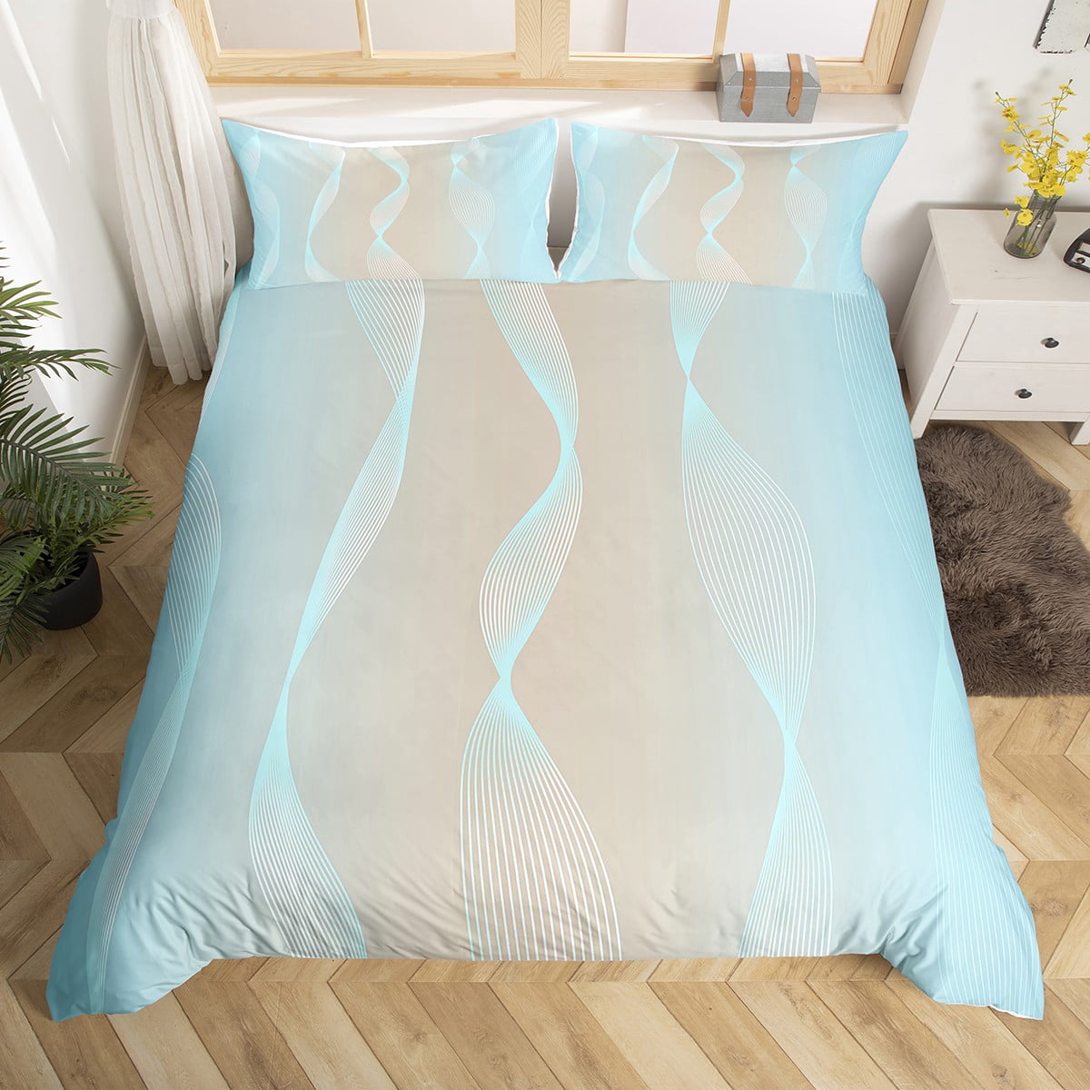 Erosebridal Gradient Aqua and Beige Bedding Sets Full,Silver Foil Print ...