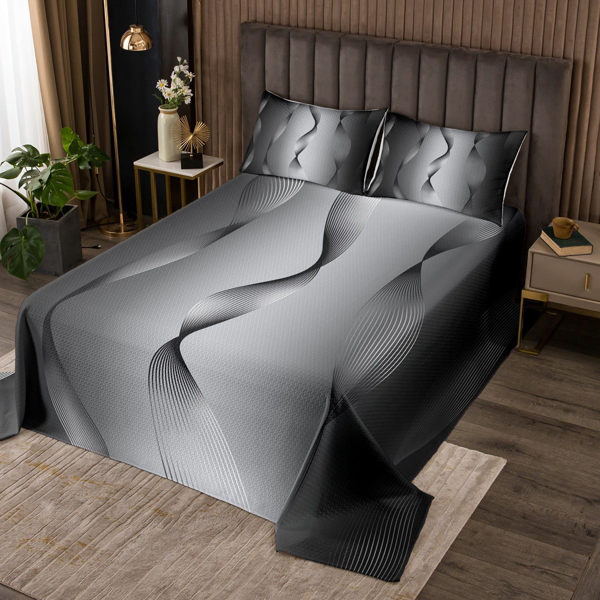 Gradient Black and White Bedspread Set ,Irregular Silver Stripe Wave ...