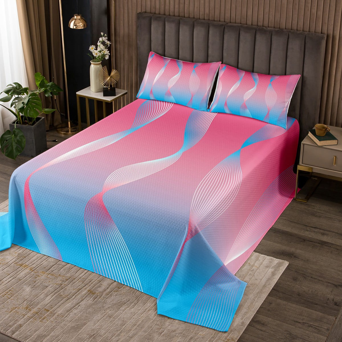 Gradient Gradient Pink to Blue Quilt Set Ombre Bedspread Set ,Spiral Silver Print Wave Striped ...