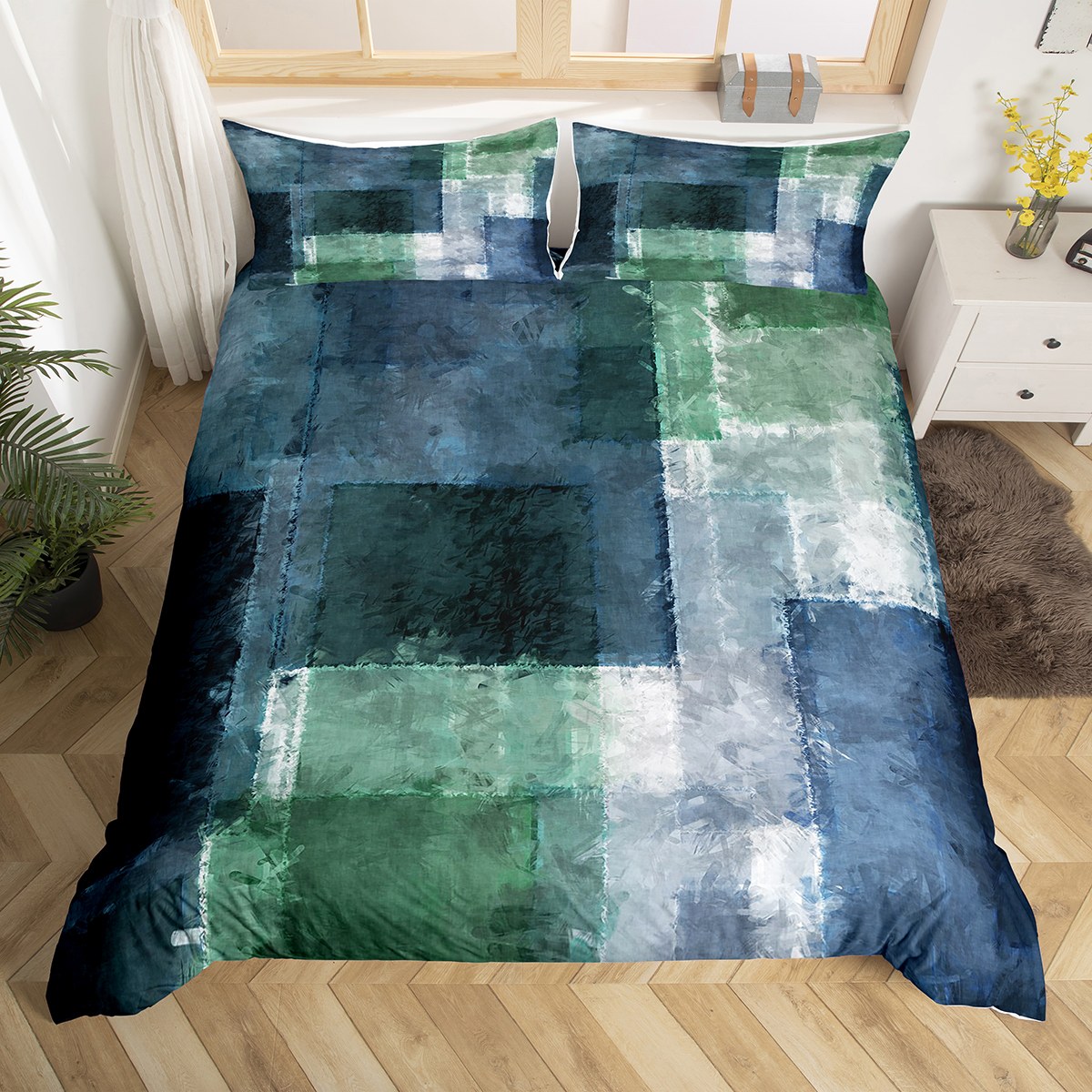 Gradient Green Bed Set Turquoise Grunge Duvet Cover, Watercolor Tie Dye ...