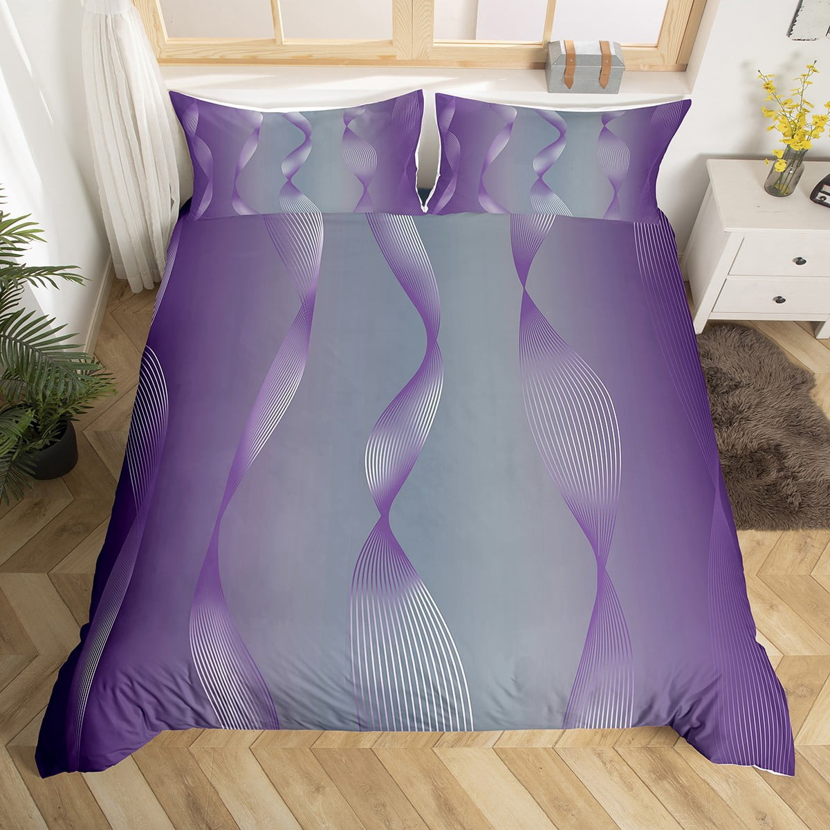 YST Gradient Grey and Purple Bedding Sets Full,Silver Foil Print Wave ...