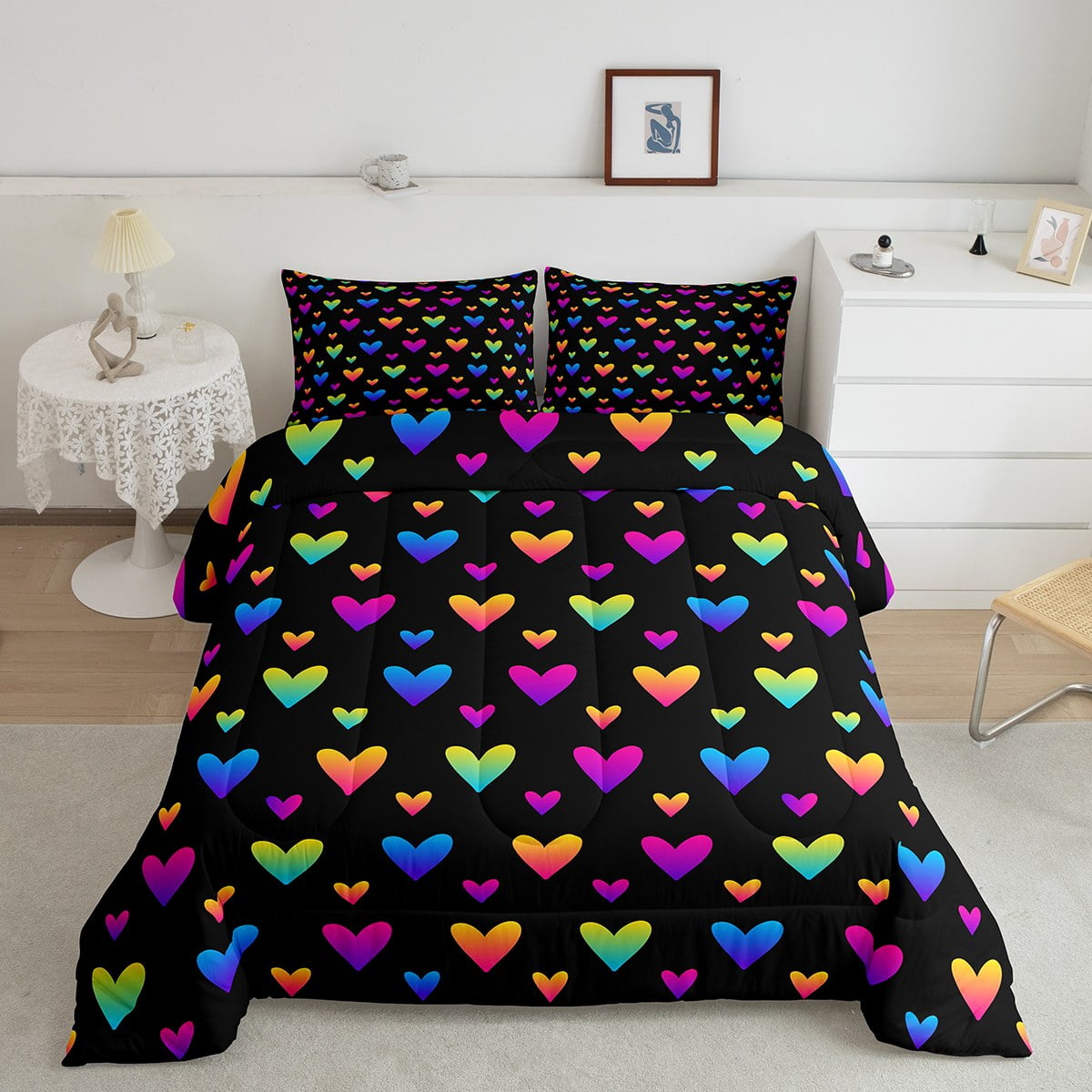 Gradient Hearts Comforter Set Queen Blue Pink Neon Bedding Set, Glowing ...