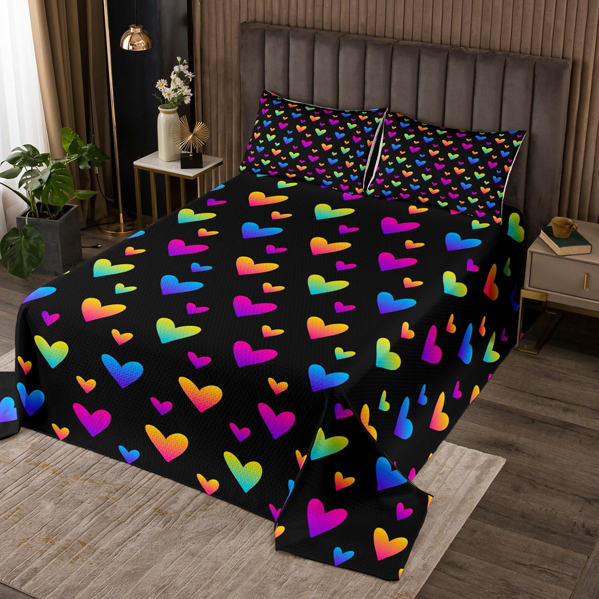 YST Gradient Hearts Twin Quilt Set Blue Pink Neon Coverlet Set, Glowing ...