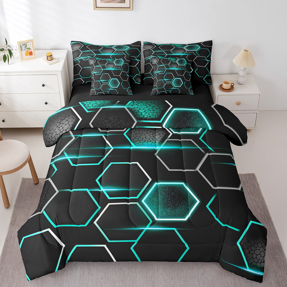 Gradient Honeycomb Comforter Set 7 Pieces Bed In A Bag King Size, Ombre ...
