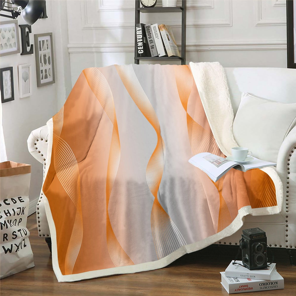 YST Gradient Orange and Greyish White Throw Blanket for Sofa Decor,Irregular Silver Stripe Wave ...