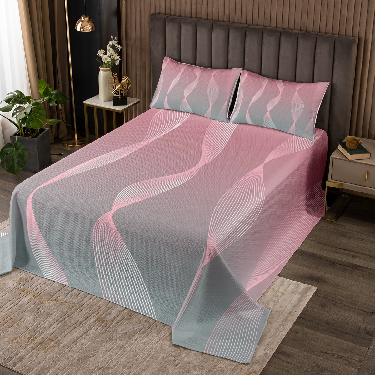 YST Gradient Gradient Pink to Grey Quilt Set Ombre Bedspread Set for Girls,Spiral Silver Print ...