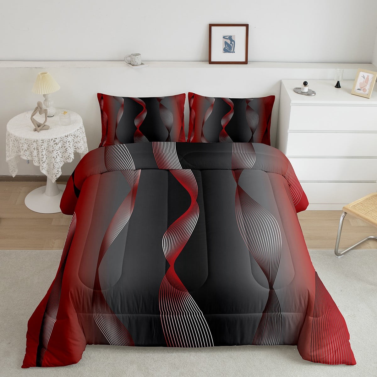 Gradient Red and Grey Black Comforter Set ,Irregular Silver Stripe Wave ...