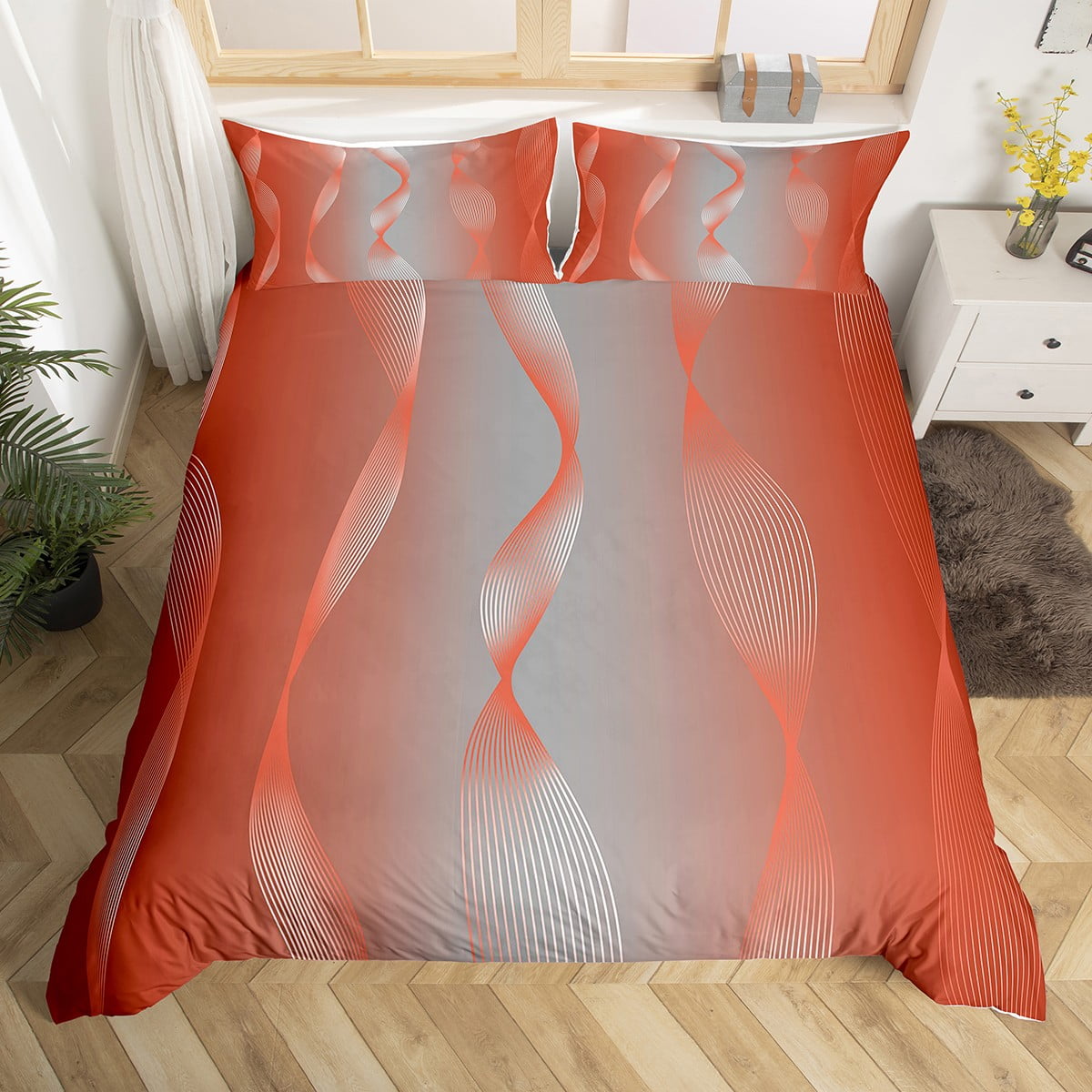 YST Gradient Red Orange and Greyish White Bedding Sets Full,Silver Foil ...