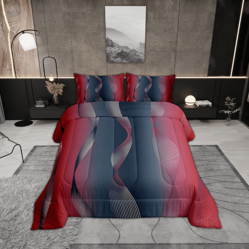 Gradient Red and Pigeon Blue Comforter Set ,Irregular Silver Stripe ...