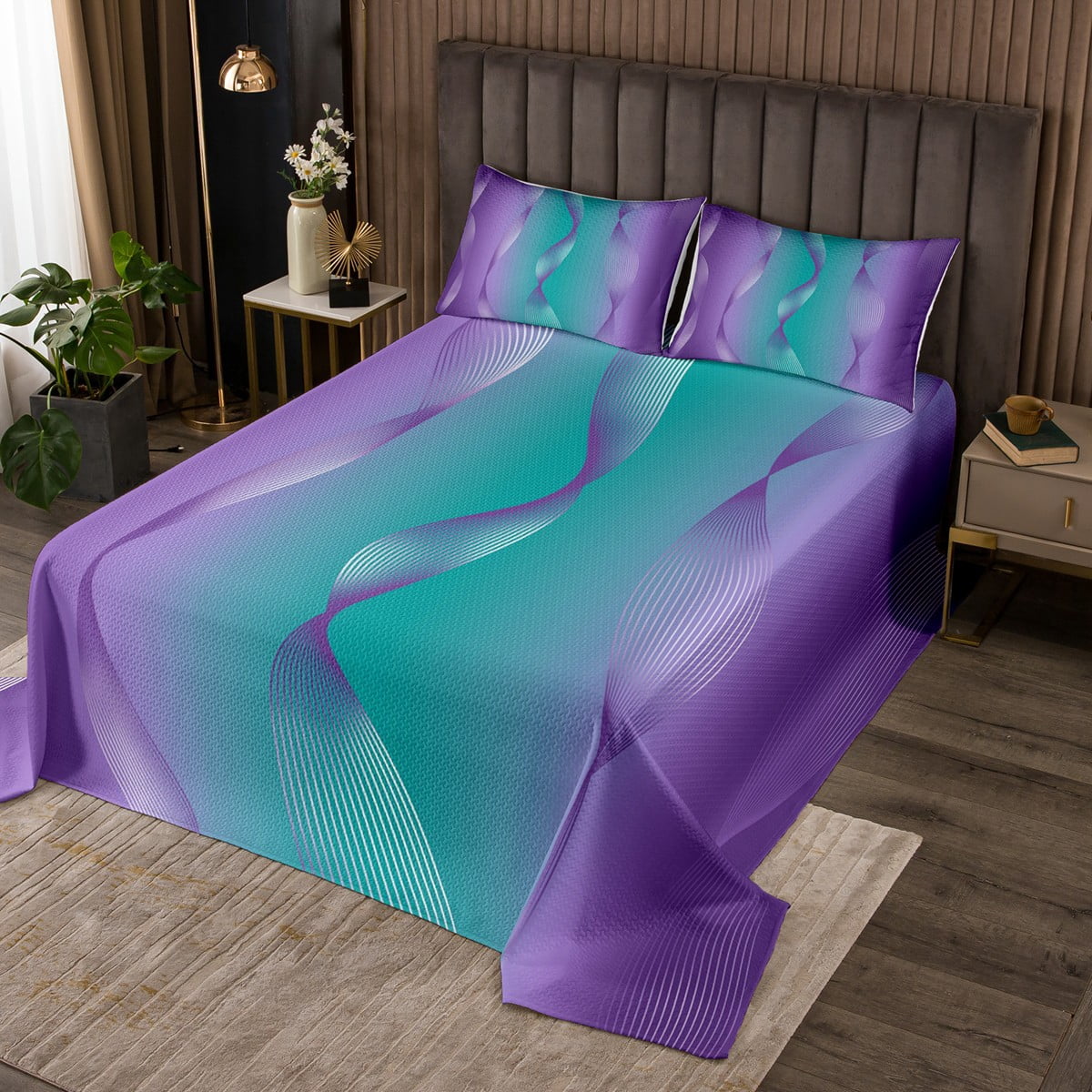 Erosebridal Gradient Teal and Purple Bedspread Set,Irregular Silver ...