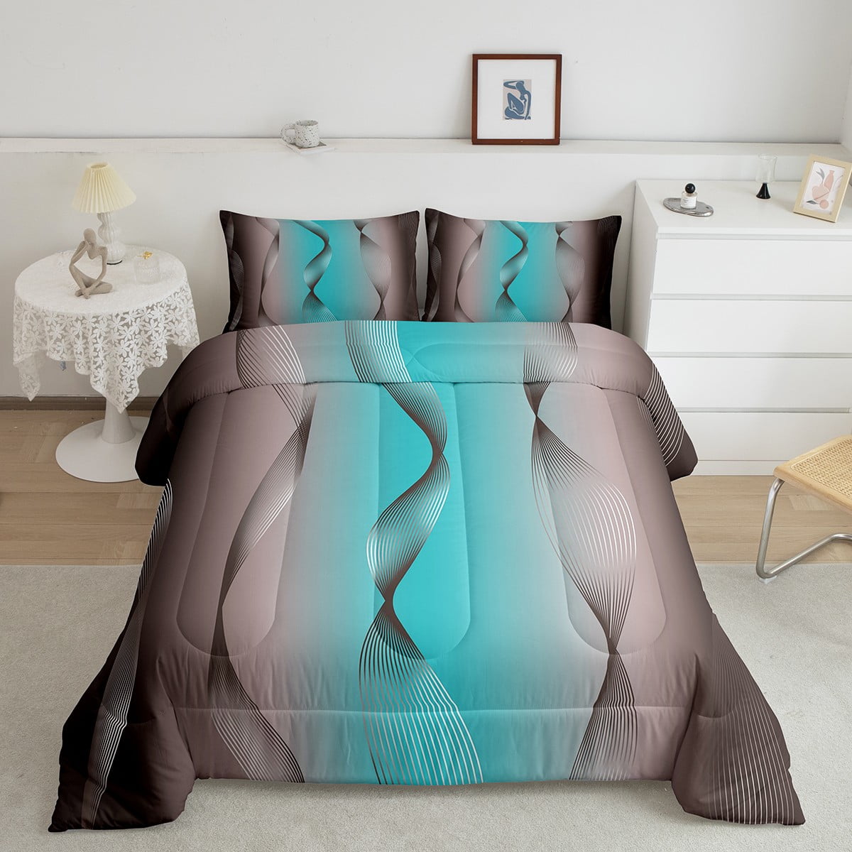 Yst Gradient Terra Brown And Teal Comforter Set Fullsilver Foil Print Wave Striped Quilt Ombre