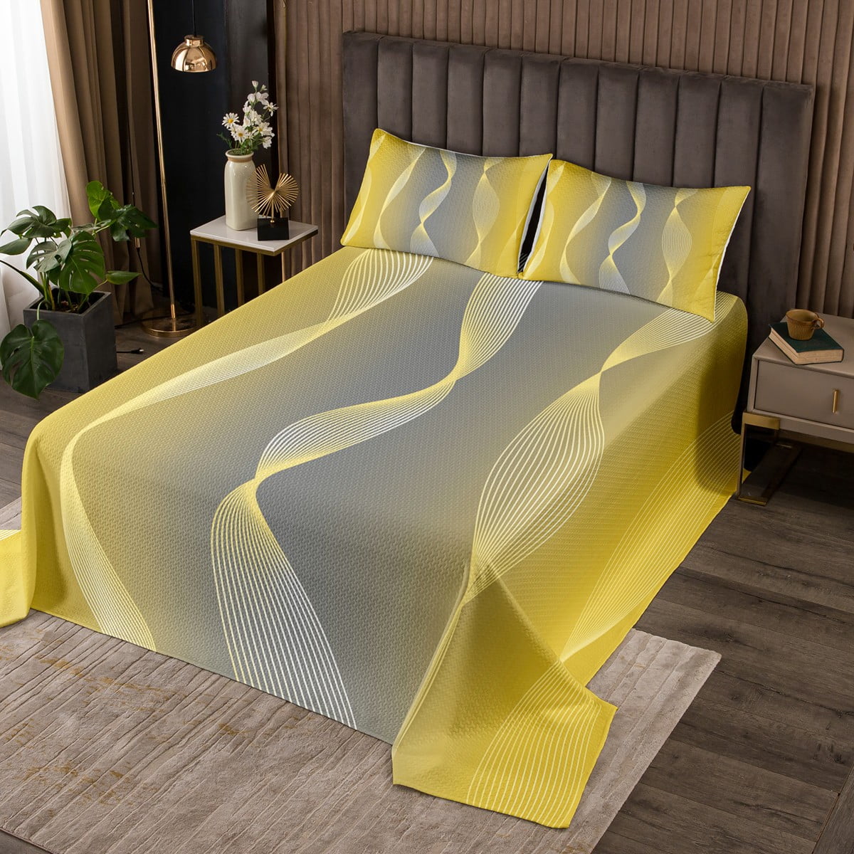 Gradient Yellow and Grey Bedspread Set ,Irregular Silver Stripe Wave ...