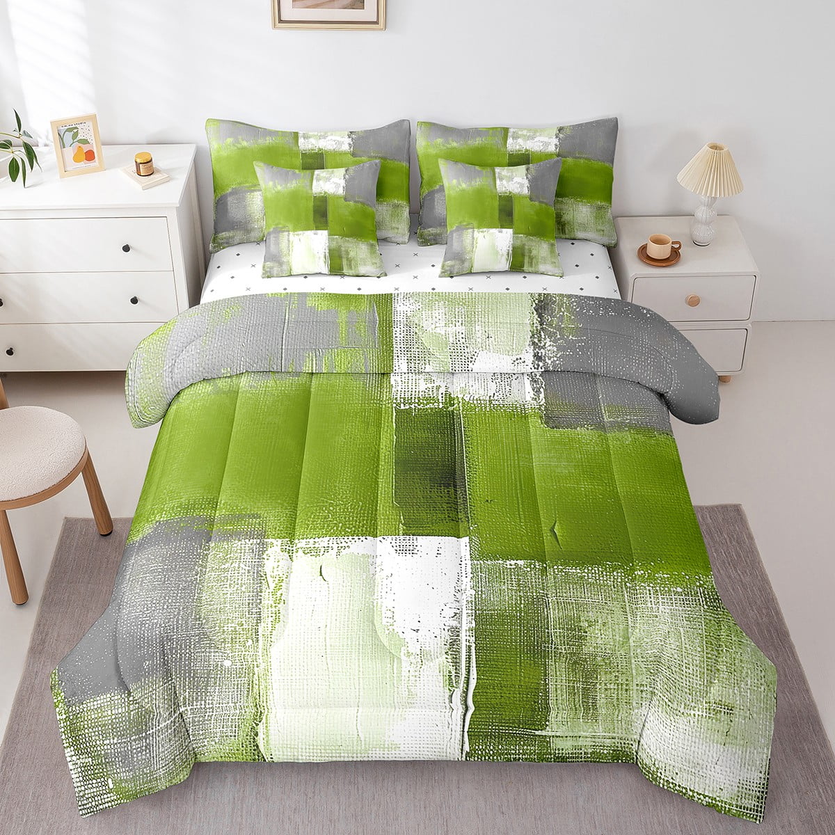 YST Grass Green White Gray Bedding Comforter Sets 7pcs Abstract Bedding ...