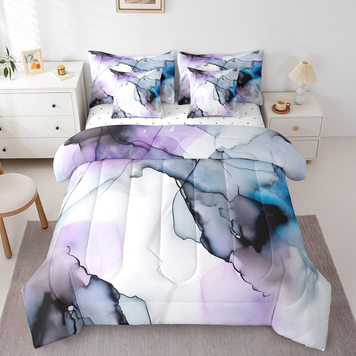 Gray Marble 7 Pcs Comforter Set, Abstract Grey Blue Purple White ...
