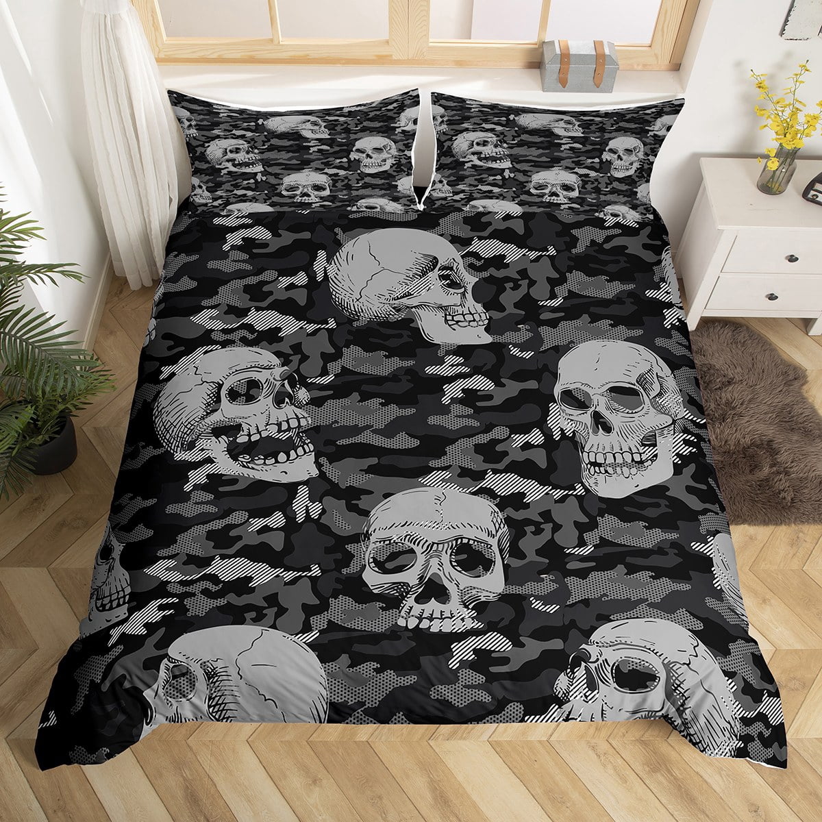 YST Gray Skull Duvet Cover Full Black White Grey Camo Bedding Set ...