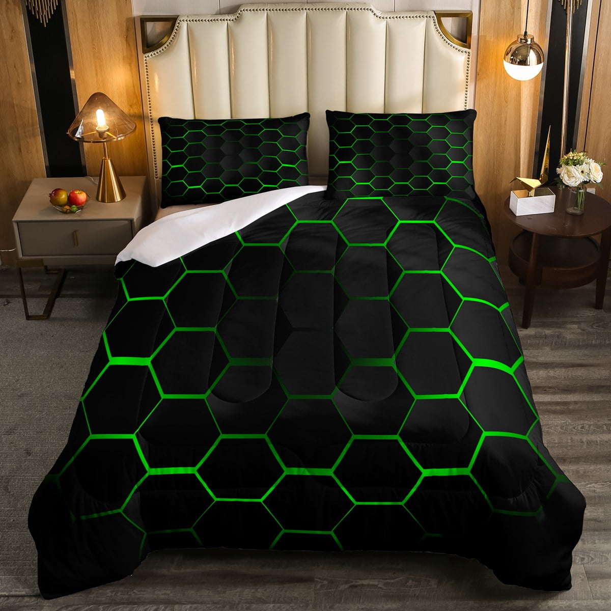 Green Black Comforter Geometry Honeycomb Bedding Comforter Sets ...