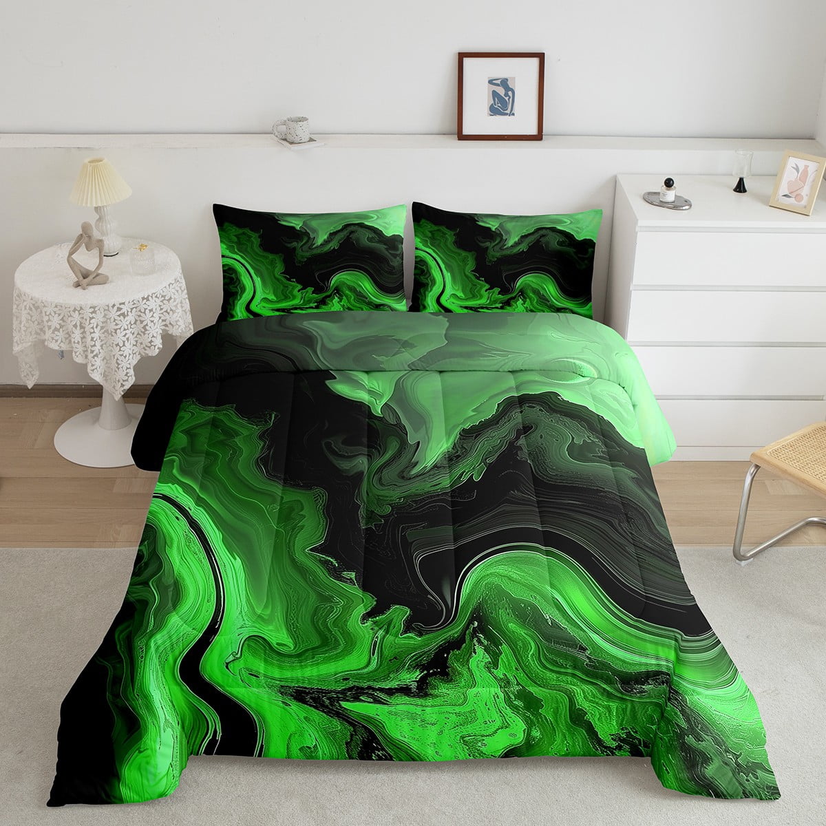 Green Black Marble Full Size Comforter Set Modern Abstract Art Bedding ...