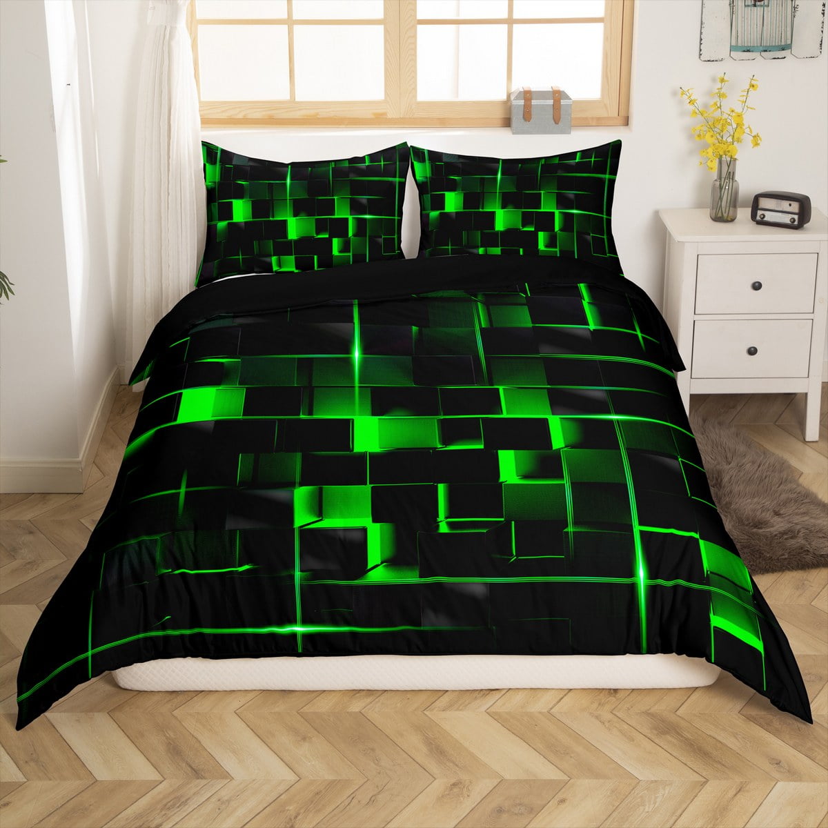 Erosebridal Green Black Pastel Bedding Set, Geometric Neon Square ...