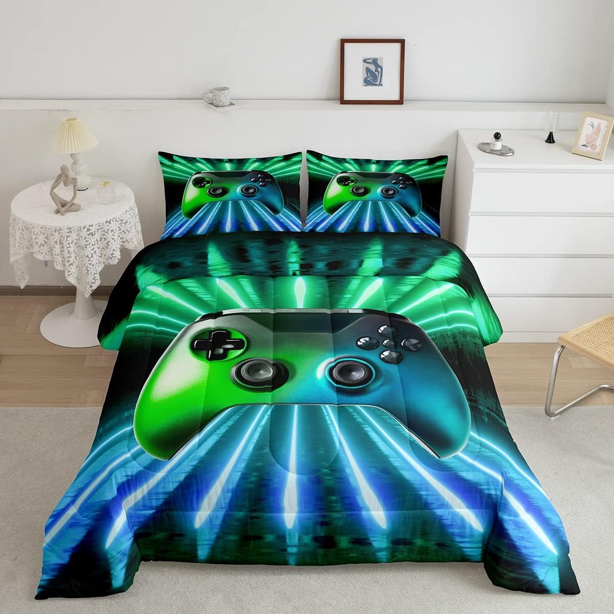 Green Blue Gamepad Comforter Set, Game Player Bedding Set King Size ...