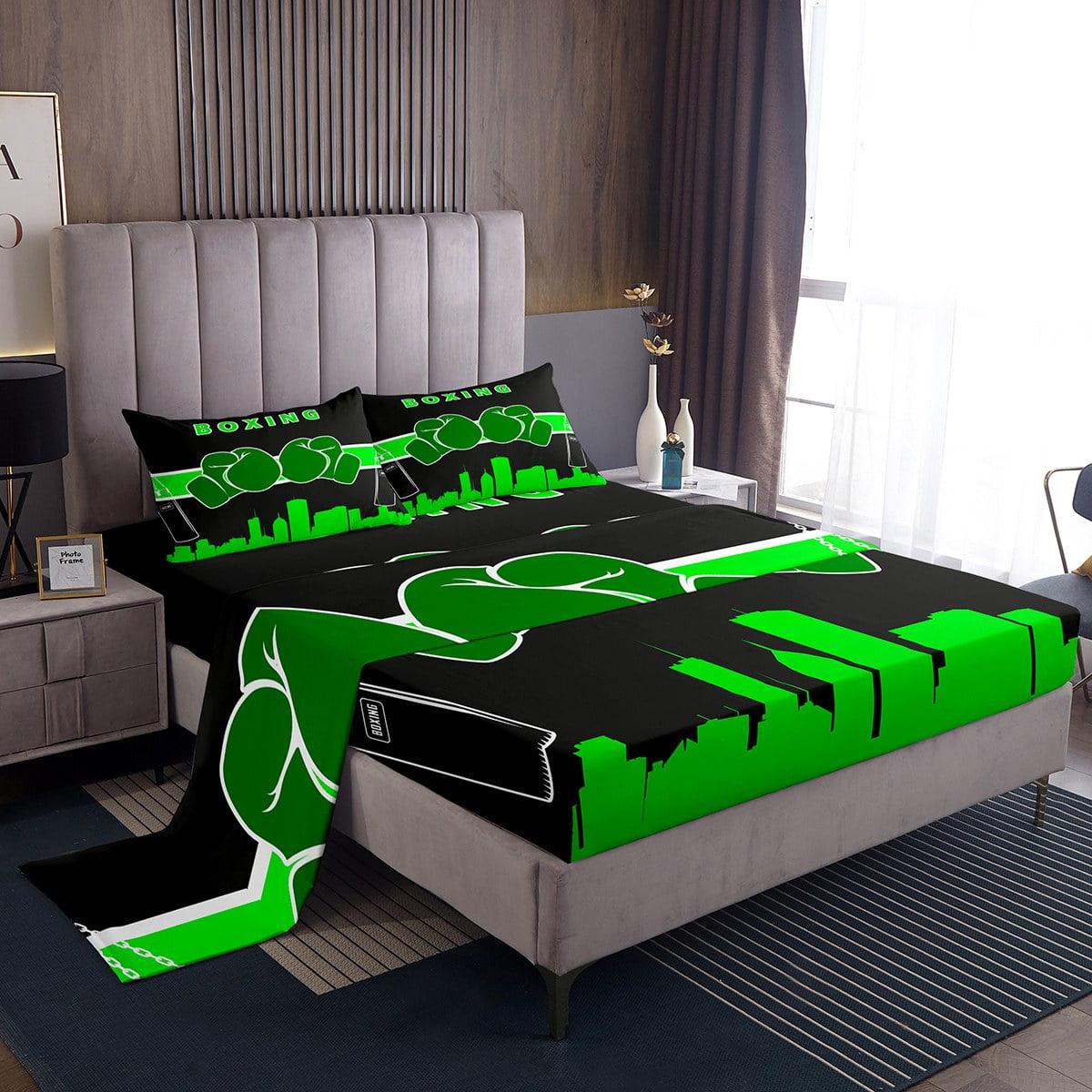 Green Boxing Gloves Bed Set Pugilism Game Bed Sheets Set , Green Black ...