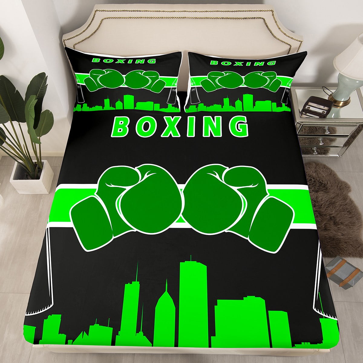 Erosebridal Green Boxing Gloves Bed Sheets Pugilism Game Fitted Sheet ...