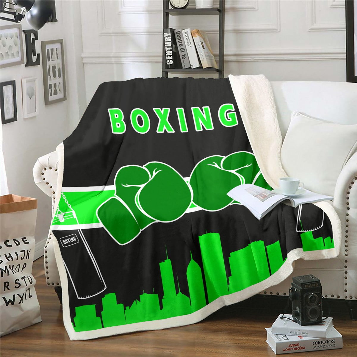 Green Boxing Gloves Fleece Blanket Pugilism Game Sherpa Blanket , Green ...